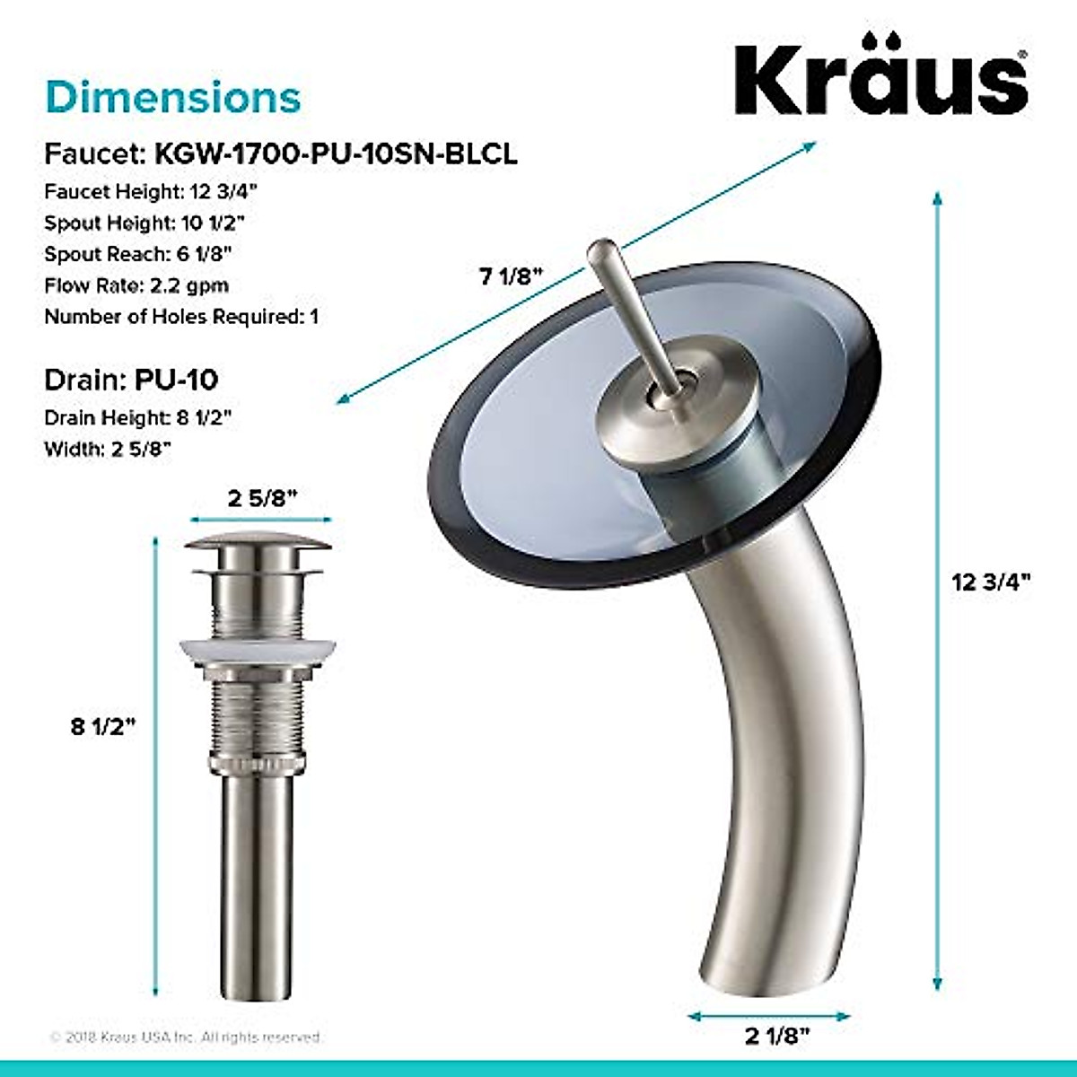 Single Lever Vessel Glass Waterfall Bathroom Faucet Satin Nickel with Black Clear Glass Disk and Matching Pop Up Drain