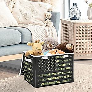 DOMIKING American Flag Green Camo Large Storage Bin with Lid Collapsible Shelf Baskets Box with Handles Organizing Container for Bedroom Living Room Kid's Room