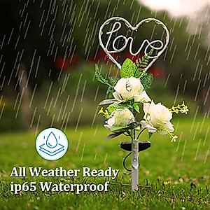 Joyathome 16 Inch Solar Heart Garden Stake Lights with 3 Artificial Flowers Metal Garden Art for Patio Lawn Garden Decor Solar Outdoor Love Sign for Gravesites Memorial and Ideal Gifts for Loved Ones