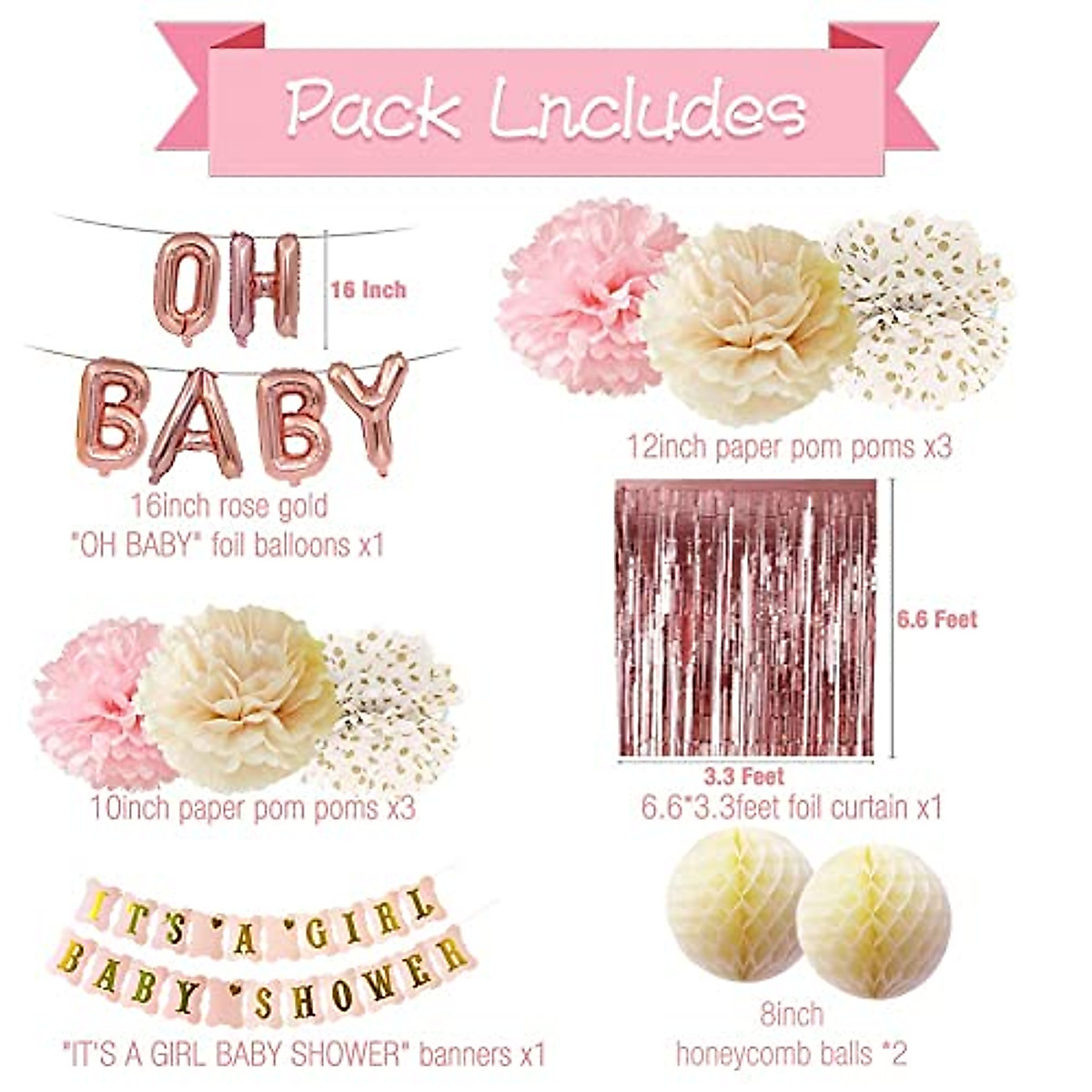 Rose Gold Baby Shower Decorations for Girl Pink Gold It’s A Girl Baby Shower Banner Rose Gold OH Baby Foil Letter Balloons Rose Gold Foil Fringe Curtains Tissue Pom Poms Honeycomb Balls by HappyField