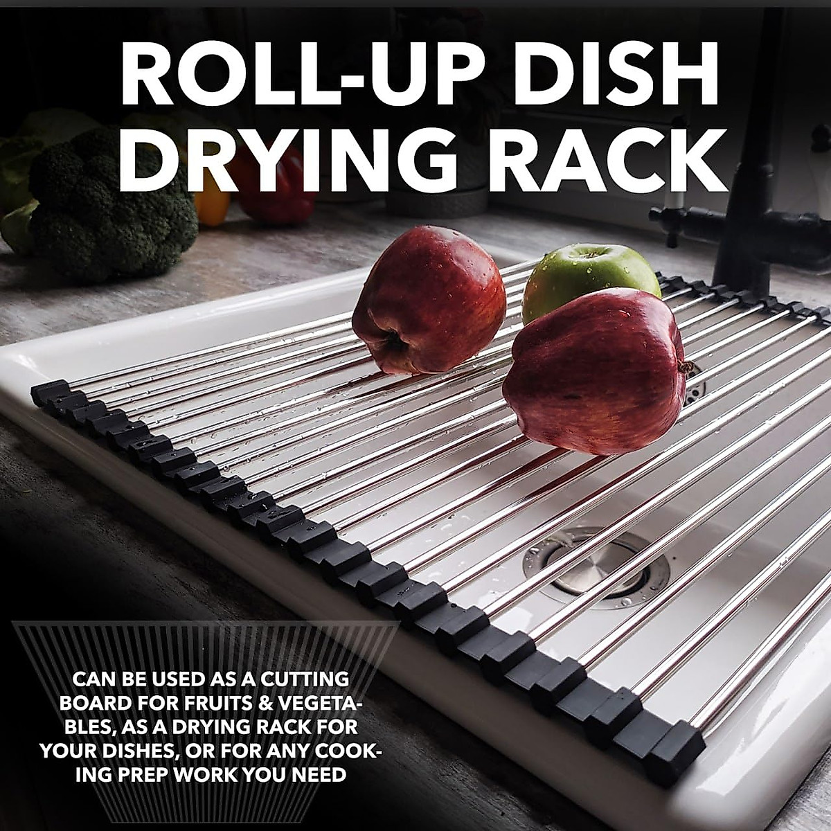 Roll Up Dish Drying Rack 21" x 16" - Over The Sink for Kitchen Counter, Foldable SUS304 Stainless Steel Dish Drying Rack for Cups, Utensils, Fruits, Vegetables