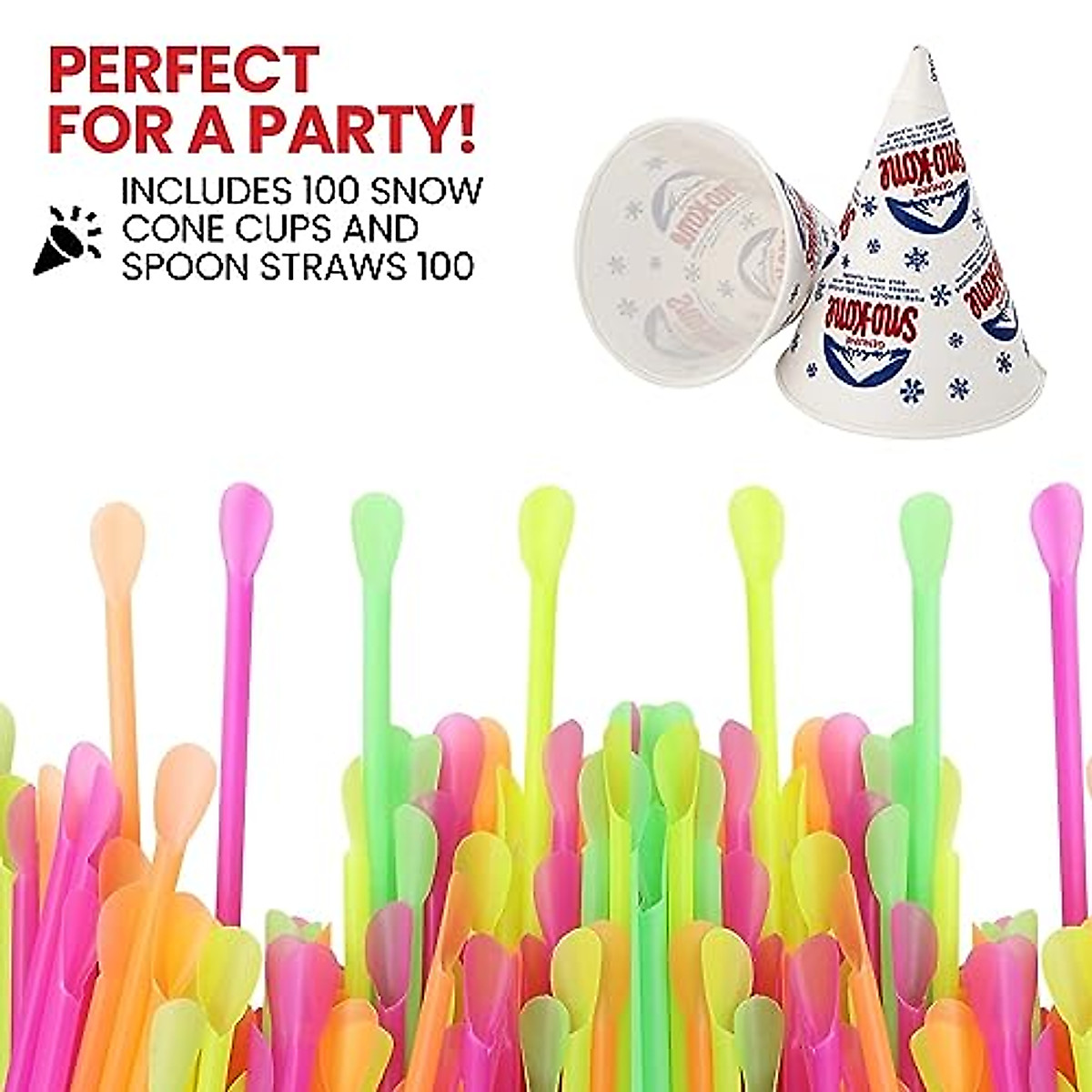 Concession Essentials 200 Count 6oz Snow Cone Cups with 200 8" Neon Spoon Straws