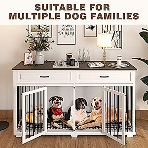 JINLLY Large Dog Crate Furniture, 72.4" Wooden Dog Crate Kennel with 2 Drawers and Divider, XXL Heavy Duty Dog Crates Cage Furniture for Large Dog or 2 Medium Dogs Indoor, White