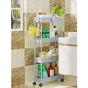 LEHOM 5.1" Slim Storage Cart - 4 Tiers Bathroom Organizer Mobile Shelving Unit Storage Rolling Utility Cart Slide Out Organizer for Kitchen Bathroom Laundry Narrow Places, Grey