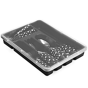 Zilpoo Flatware Plastic Tray with Lid, Camping Cutlery and Utensil Holder Travel Organizer, 5 Compartment Kitchen Silverware Storage Bin with Covered Top, Black