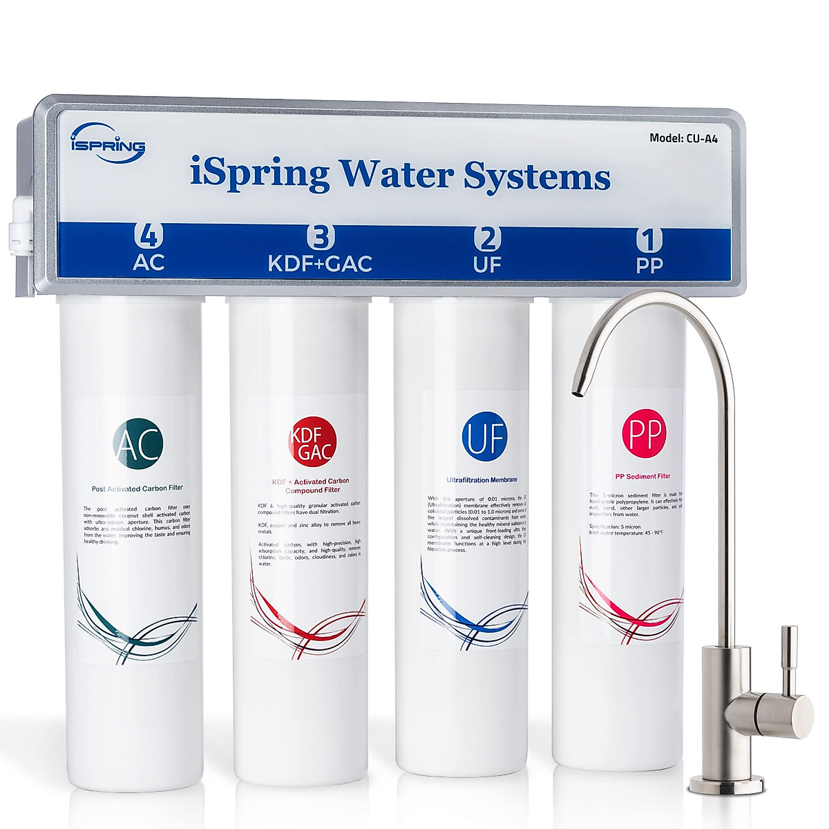 iSpring CU-A4 0.01μm Ultra-Filtration Under Sink Water Filter System, Remove 99.99% Contaminants, Quick Filter Change with Chrome Faucet, White & UVF11A UV Ultraviolet Light Water Filter