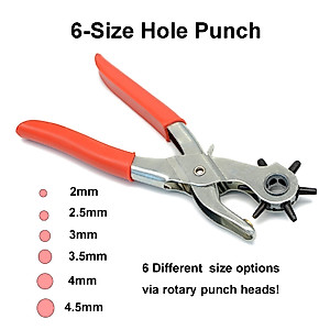 Leather Hole Punch Tool Set Heavy Duty 6 Size Revolving Leather Belt Hand Hole Puncher for Belts, Watch Bands, Straps, Dog Collars, Saddles, Shoes, Fabric, DIY Home or Craft Projects (9'', Silver/Red)