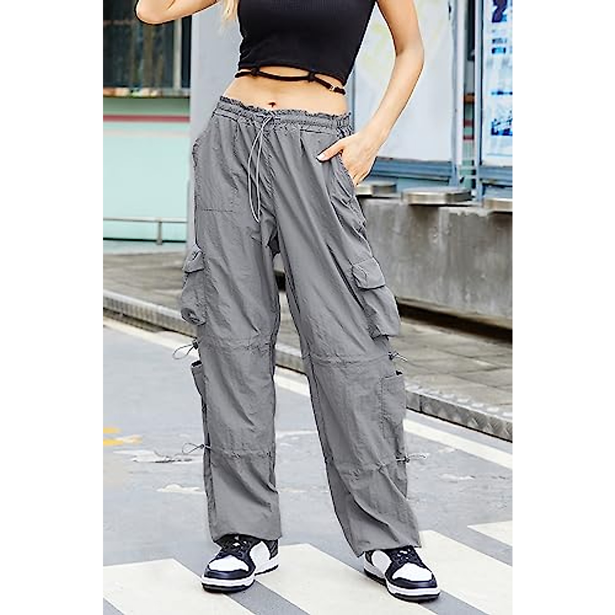 QYANGG Baggy Parachute Pants for Women& Girls Drawstring Elastic Low Waist Ruched Cargo Pants Multiple Pockets Jogger Y2K Grey