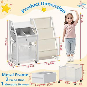 Kids Bookshelf and Toy Storage Organizer - 3 Tier Book Shelf for Kids Rooms with Movable Drawer, Kids Bookcase with 2 Toy Bins, Toddler Baby Childrens Bookshelf, for Bedroom Playroom Classroom (White)