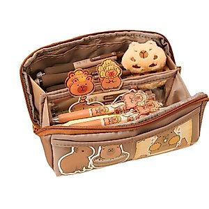 OEIPSMK Capybara Pencil Pouch Case Holder Pen Box Large Capacity Big Zipper Canvas Makeup Bag Bulk Cosmetics Toiletry Storage (brown)