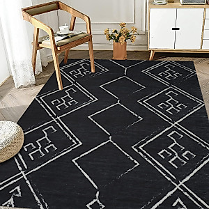 Machine Washable Area Rug Non Slip Backing & Ultra-Thin & Stain Resistant & Eco Friendly & Family and Pet Friendly - Everest Geometric Modern Bordered Black & Creme Design 8'x10'