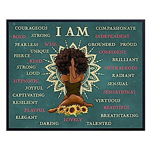 African American Black women Wall Art & Decor -Motivational Inspirational Wall Decor - I Am Positive Affirmations Poster - Zen Meditation New Age Home Decor - Encouragement Gifts - Positive Quotes