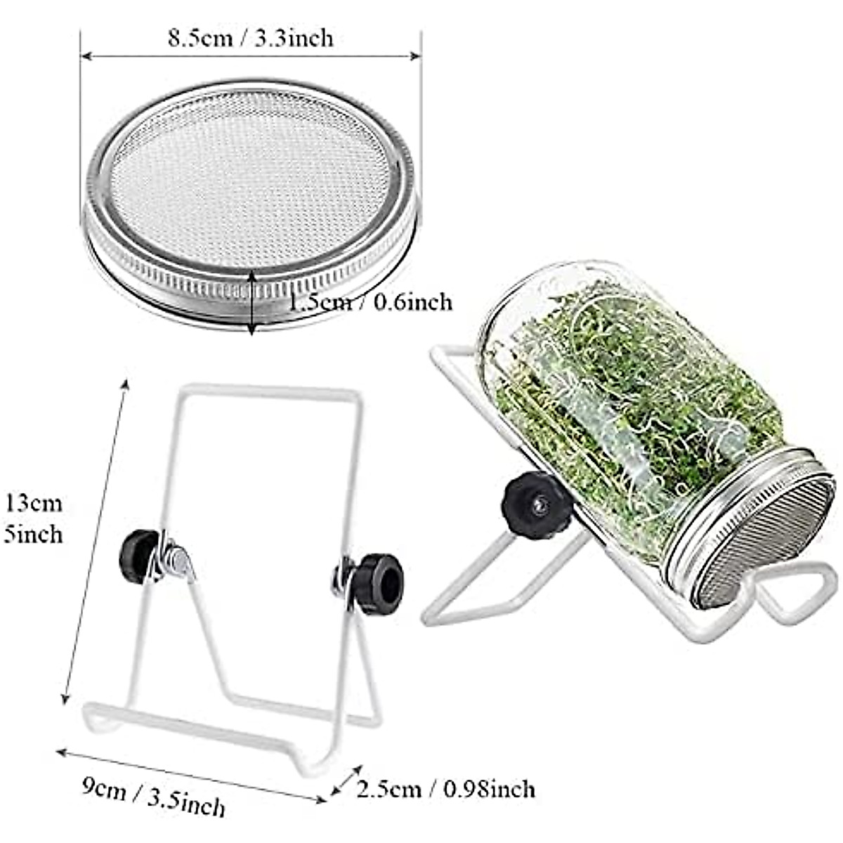 Sprouting Jar Kit, 2 Wide Mouth Mason Jars with Stainless Steel Strainer Lids Stands and Tray Germinator Set, Indoor Seed Sprouter Jar Kit for Growing Broccoli Beans