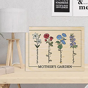 Bohva Personalized Gifts for Mom Wife Birth Month Flower with Name Mothers Garden, Custom Wall Art Print On Wood Mothers Day Anniversary Birthday Gifts from Daughter Son Husband