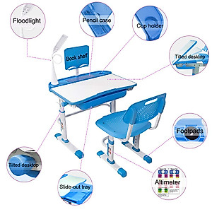 Yinleader Kids Desk and Chair Set,Height Adjustable,Spacious Storage Drawer,with Adjustable Tilted Desktop, Bookstand, Touch Led Lamp for School Student (Blue Set)