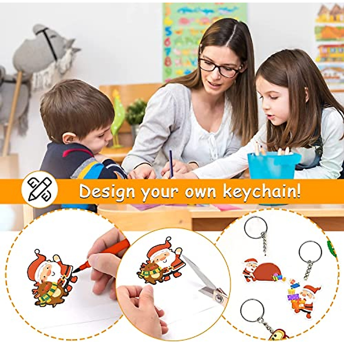 OFNMY 125 Pieces Heat Shrink Plastic Sheet Kit with 25 PCS Shrinky Art Paper and 100 PCS Keychains for Kids Creative Craft Marking, Homemade Shrinky Dinks, Handprint Keychains for Christmas