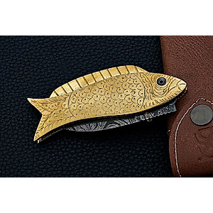 Smart & Sharp Custom Handmade Damascus Steel Fish Knife/Folding Knife/Pocket Knife SS-17370(Brass Engraved Handle) (brass)