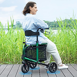 WALK MATE 3 Wheel Rollator Walker with Seat for Slim Seniors, Padded Backrest Lightweight Foldable Walker Ideal for Elderly, 8 Inch Tri-Wheel Modern Mobility Walking Aid Aluminum, Green