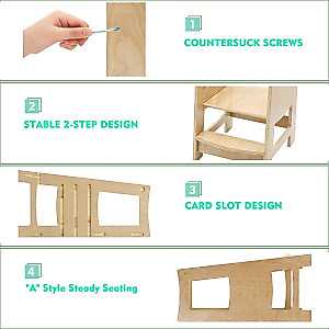 EGREE Toddlers Kitchen Step Stool with Safety Rail Kids Wooden Standing Tower for Kitchen Counter and Bathroom Sink, 3 Heights Adjustable Step Up Stool Mothers' Helper, Solid Wood Construction, White