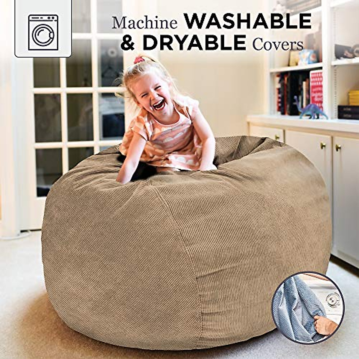 CordaRoy's Corduroy Bean Bag Chair, Convertible Chair Folds from Bean Bag to Bed, As Seen on Shark Tank, Khaki - Full Size