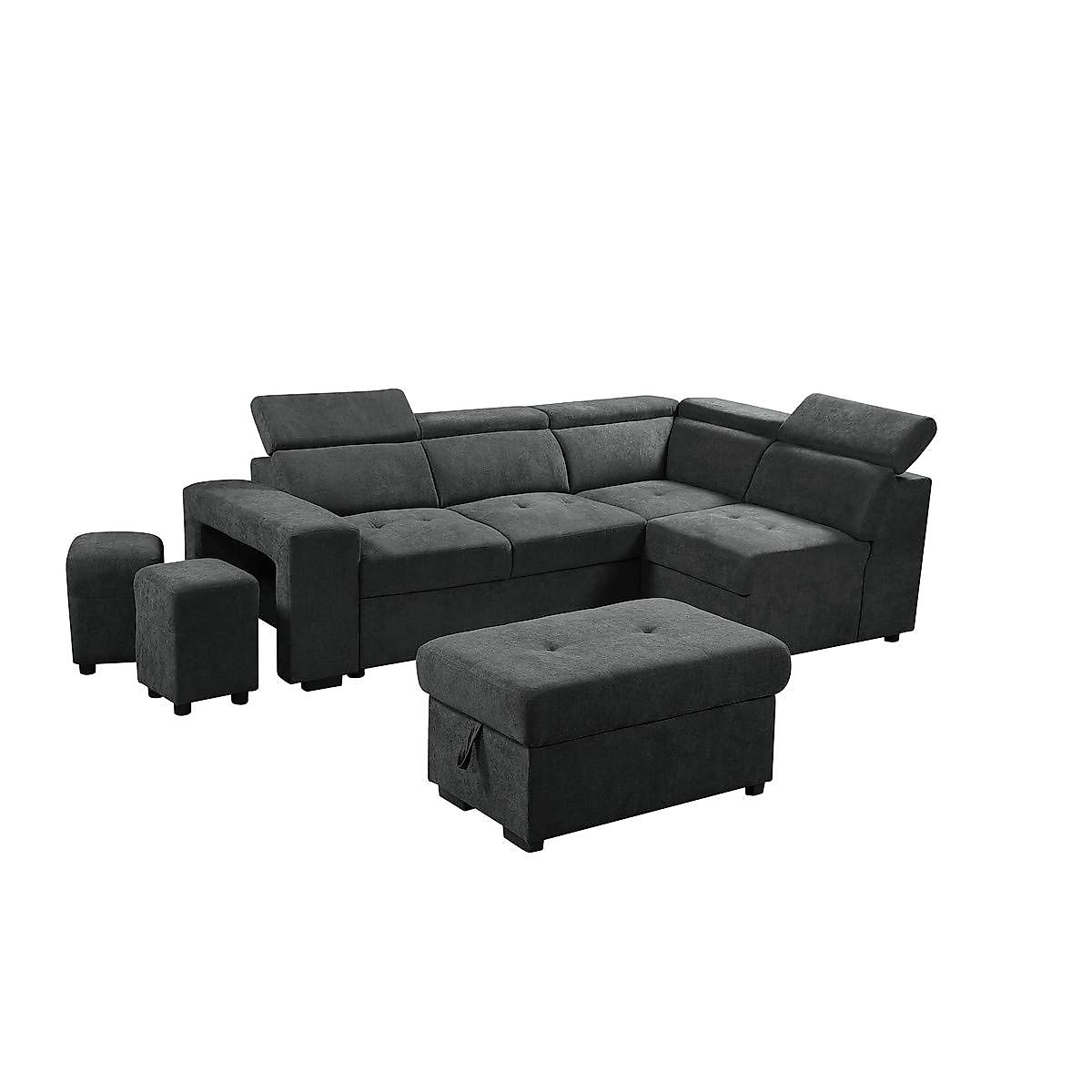 Lilola Home Henrik Dark Gray Sleeper Sectional Sofa with Storage Ottoman and 2 Stools