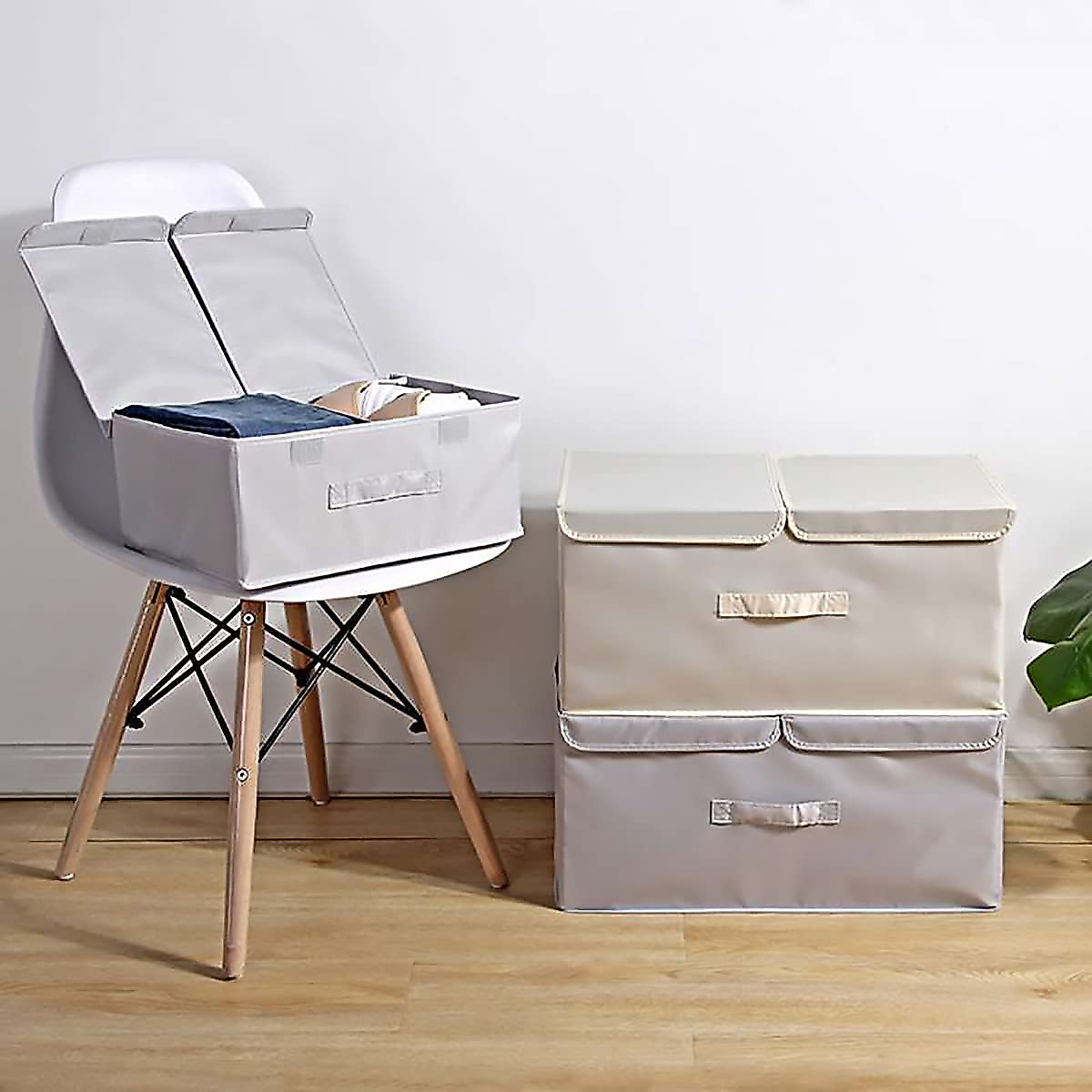 Large Foldable Storage Boxes with Lids Fabric, Large Toy Box, Lidded Storage Bins with Handles for Clothes, 40L Organiser Bathroom Storage Baskets for Clothes Toys Books Bedding or More (Beige 2 Pack)