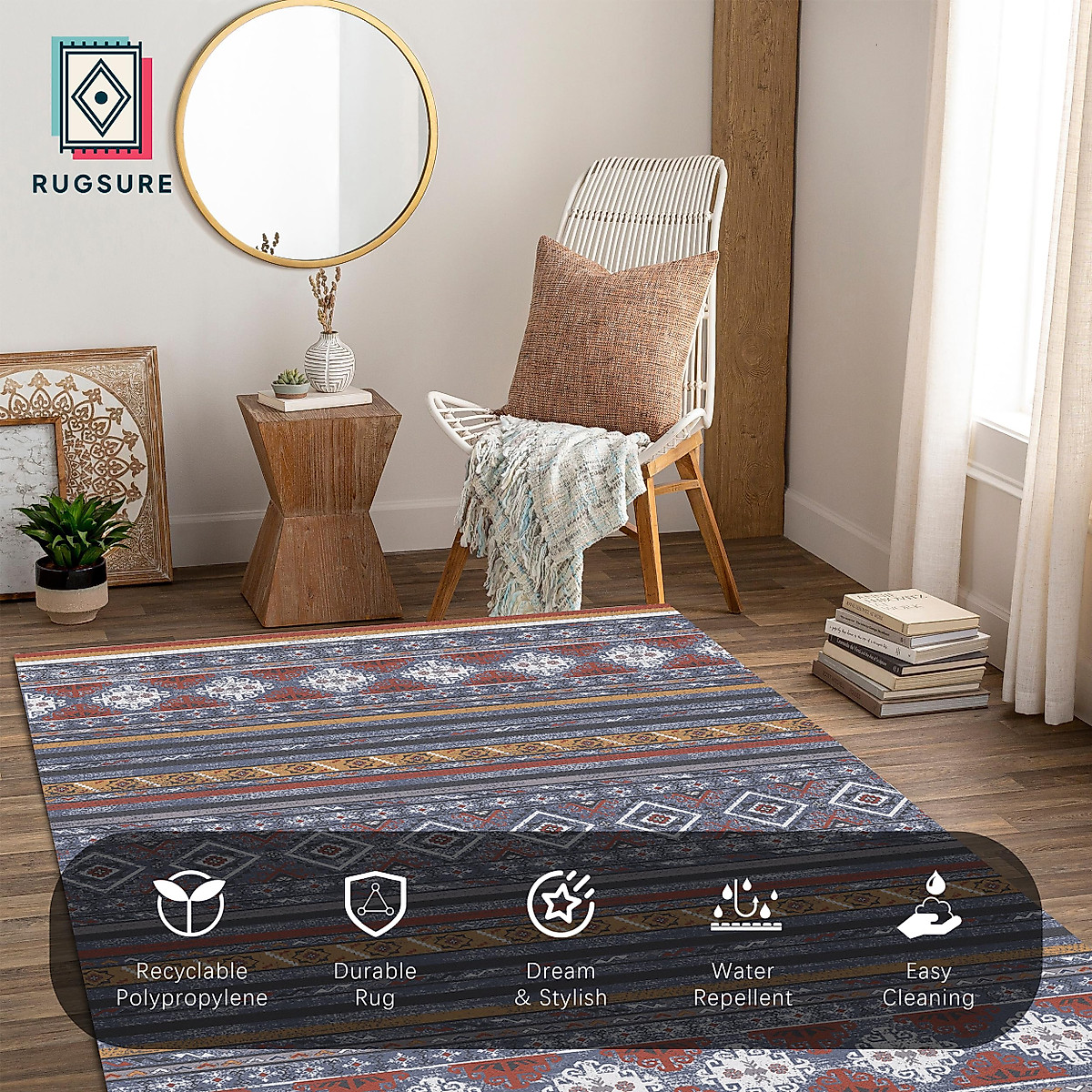 RUGSURE Washable Area Rugs 4' x 6' - 1/6 Thick - Moroccan-Inspired -Stain & Water Resistant Non-Slip - Resistant Rug for Living Room, Bedroom, Nursery, Pet & Child Friendly (Blue and Red)