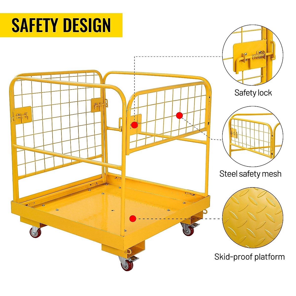 KODOM Forklift Safety Cage 36''x36'', Forklift Work Platform 1200LBS Capacity with 4 Universal Swivel Wheels, Collapsible Lift Basket Aerial Rails Aerial Platform