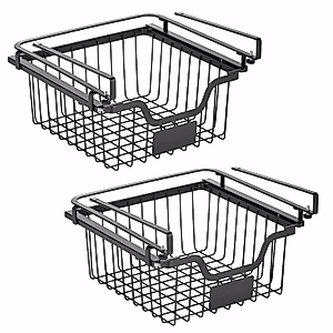 mDesign Wire Under Shelf Organizer for Cabinet - Sliding Basket for Under Cabinet Shelf - Hanging Organizer Rack for Kitchen and Pantry with Label Space - Carson Collection - 2 Pack - Matte Black