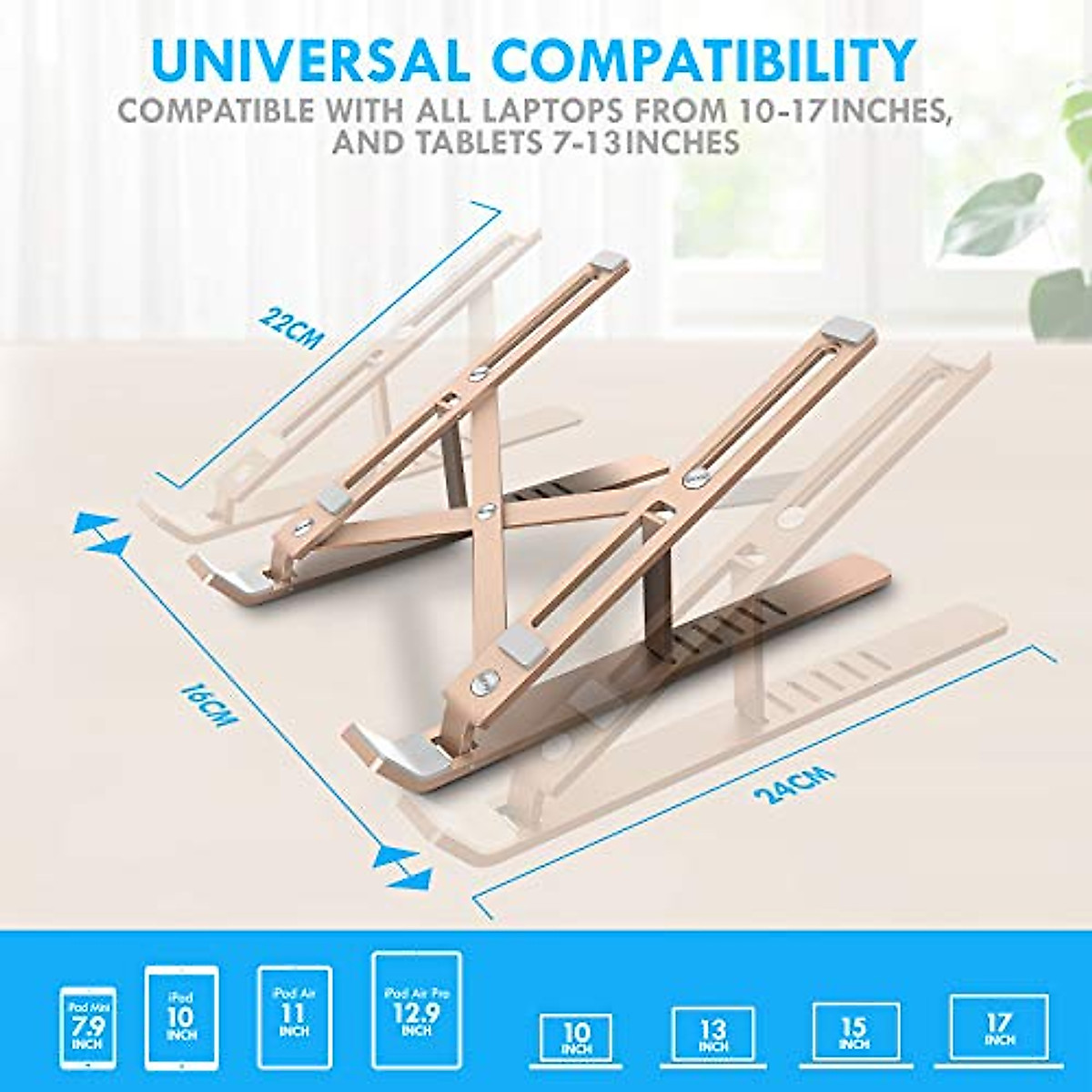 Aduro U-Rise Steel Ergonomic Laptop Stand Adjustable Height Aluminum Monitor Stand Riser Compatible with 10-15.6" Laptop Gold