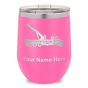 LaserGram Double Wall Stainless Steel Wine Glass Tumbler, Tow Truck Wrecker, Personalized Engraving Included (Pink)