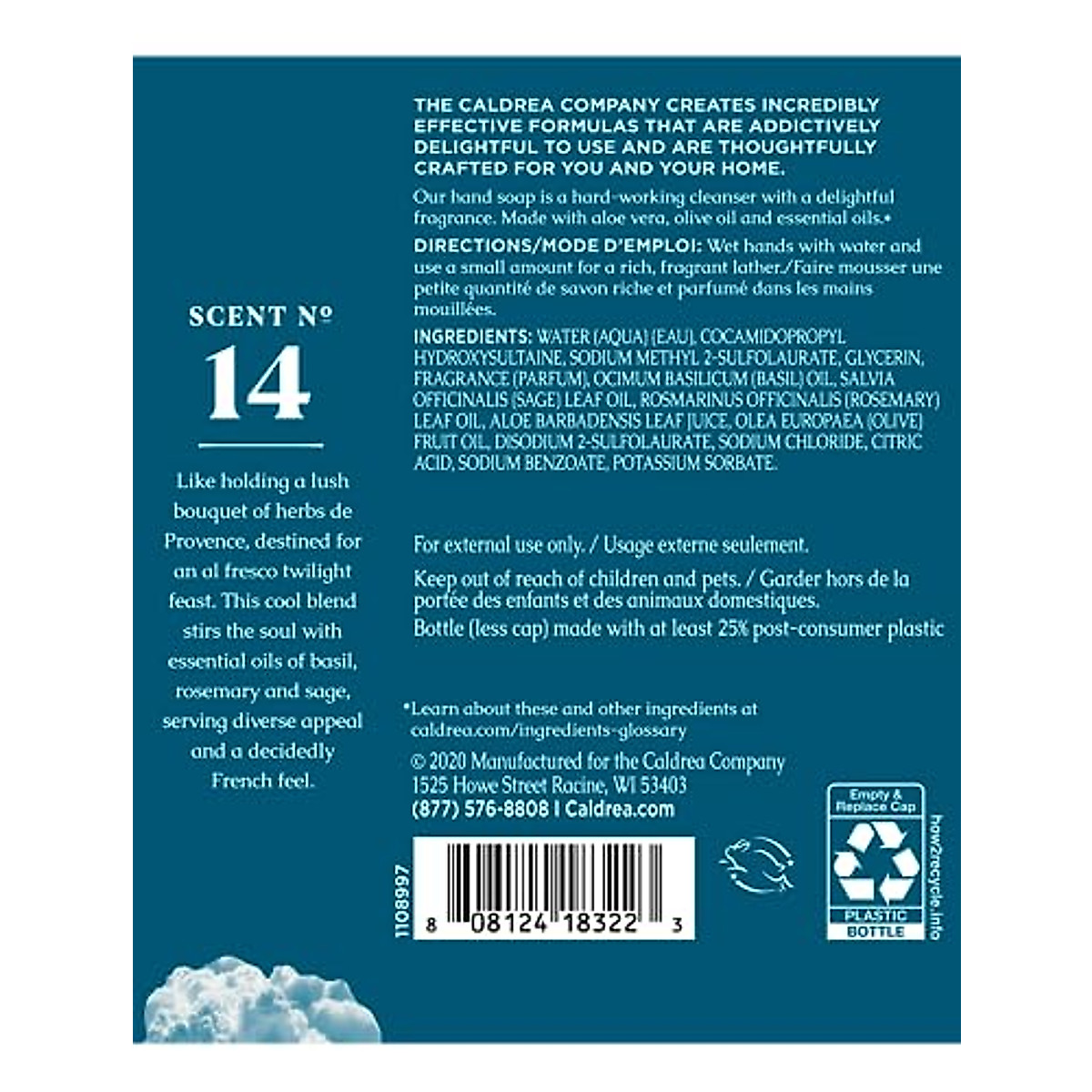 Caldrea Hand Soap Refill, Aloe Vera Gel, Olive Oil And Essential Oils To Cleanse And Condition, Basil Blue Sage Scent, 32 Oz