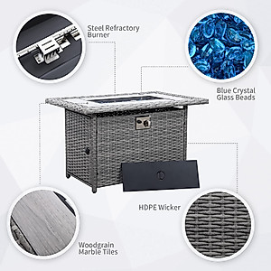 60000 BTU Wicker Gas Fire Pit Outdoor Fire Pit Table 45 Inch Fire Pits for Outside with Woodgrain Marble Tabletop Fire Pit Cover and Blue Crystal Beads