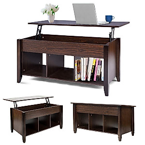 MTFY Lift Top Coffee Table, Modern Wood Home Living Room Furniture Coffee Table Desk with Hidden Compartment Storage Shelf (Brown)