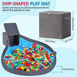 2-in-1 Toy Storage Organizer & Removable Play Mat 56"x 56”, Stackable Building Block Toys Organizers and Storage Bins for Kids, Playroom Storage, Living Room, Quick Clean up Toy 13" x 13" x 13"