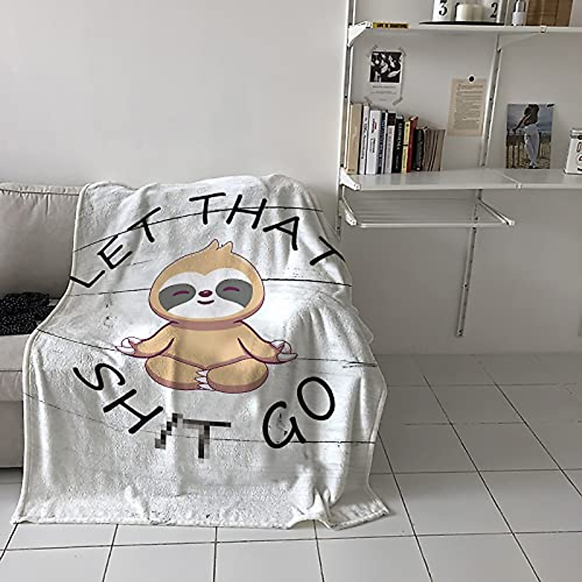 Throw Blanket,Let That Shit Go Cartoon Animal Sloth Rustic Wooden Super Soft Microfiber Warm Blanket for Couch Lightweight Blanket for Bed Chairs,50x60 Inch