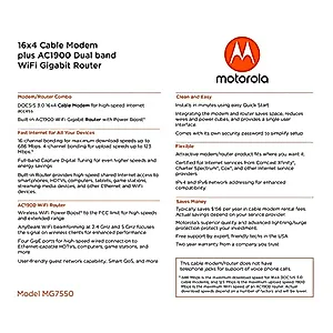 Motorola MG7550 - Modem with Built in WiFi | Approved for Comcast Xfinity, Cox, Spectrum | For Plans Up to 300 Mbps | DOCSIS 3.0 + AC1900 WiFi Router | Power Boost Enabled