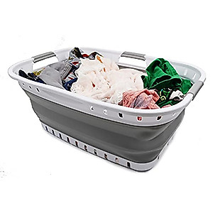 SAMMART 44L (11.6 gallon) Collapsible Plastic Laundry Basket-Foldable Pop Up Storage Container-Portable Washing Tub- pace Saving Hamper, Water Capacity: 35L (9.2 gallon) (White/Grey (Set of 2))