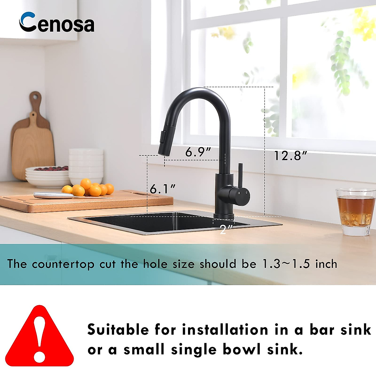 Cenosa Modern Bar Sink Faucet for Kitchen Sink Single Handle with Pull Out Sprayer Hot and Cold Prep Sink Faucet Matte Black