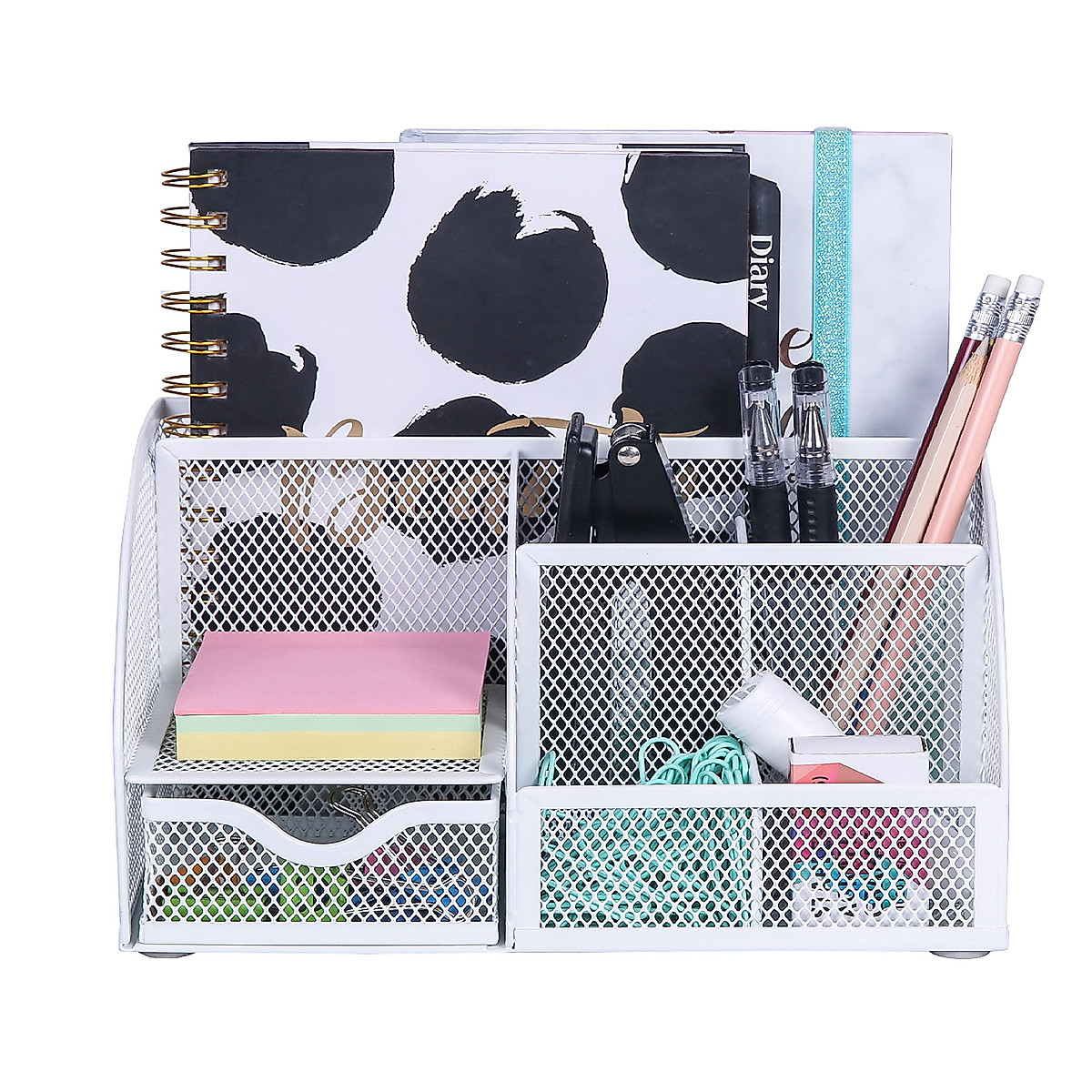Exerz Desk Organizer White Office Desk Accessories Supplies Office Storage Desktop Pencil Pen Holder with Drawer Home Workspace