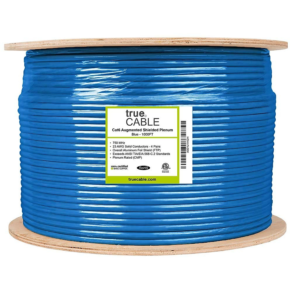 trueCABLE Cat6A Shielded Plenum (CMP), 1000ft, Blue, 23AWG Solid Bare Copper, 750MHz, PoE++ (4PPoE), ETL Listed, Overall Aluminum Foil Shield (F/UTP), Bulk Ethernet Cable