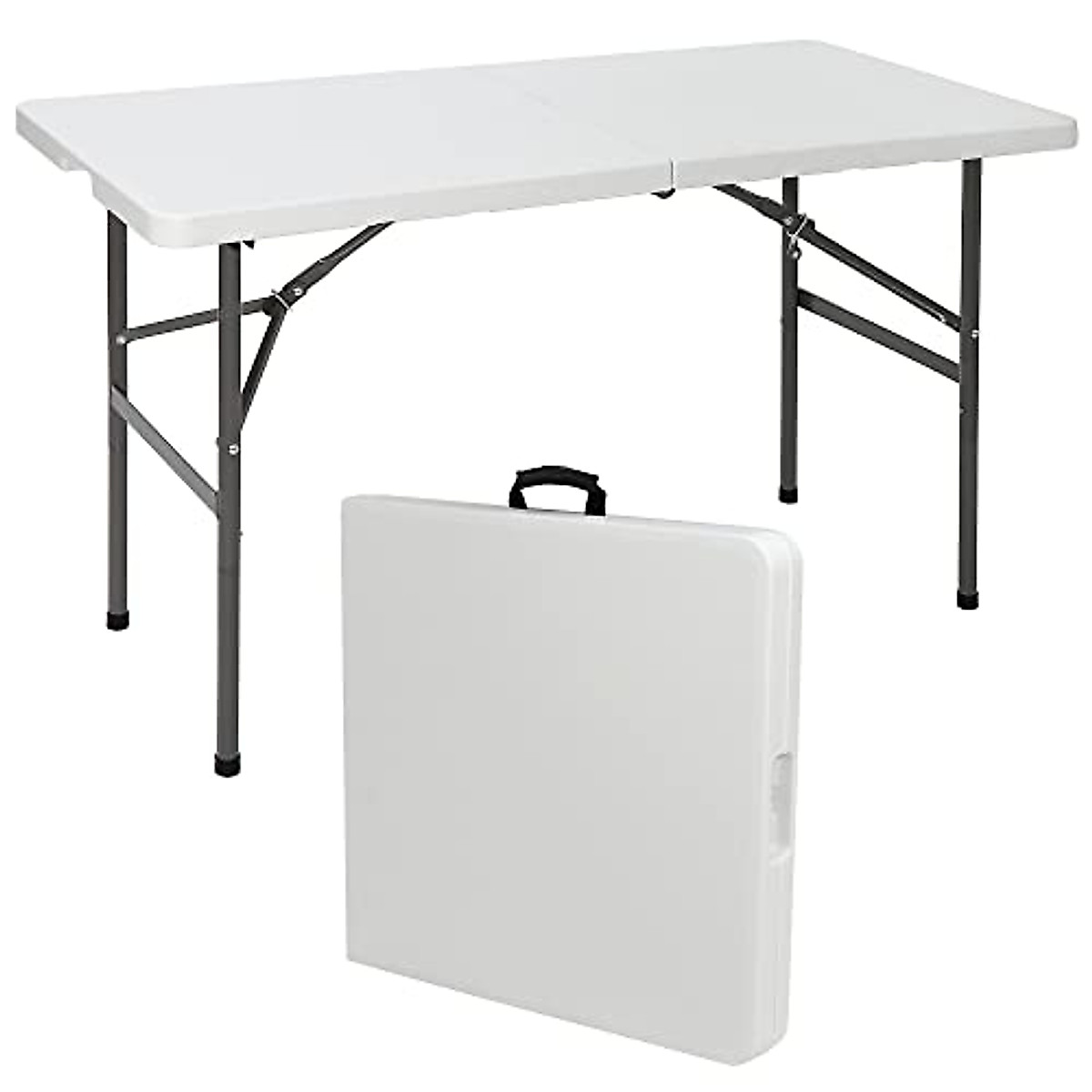 SUPER DEAL Portable 4 Foot Plastic Folding Table, Indoor Outdoor Heavy Duty Fold-in-Half Picnic Party Camping Barbecues Table with Carrying Handle, White