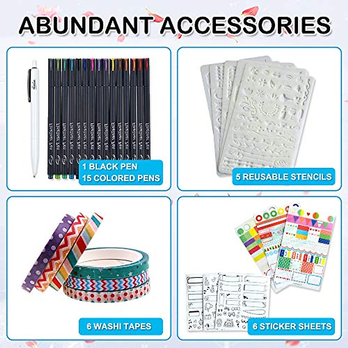 Dotted Journal Kit, Feela Dot Grid Journal Hardcover Planner Notebook Set For Beginners Women Girls Note Taking with Journaling Supplies Stencils Stickers Pens Accessories, A5, 224 Pages, Pink