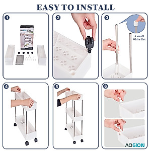 AOSION Slim Storage Cart with Wheels, White, 5.1in Width, 4-Tier Kitchen Storage Organizer, Waterproof and Rust-Proof