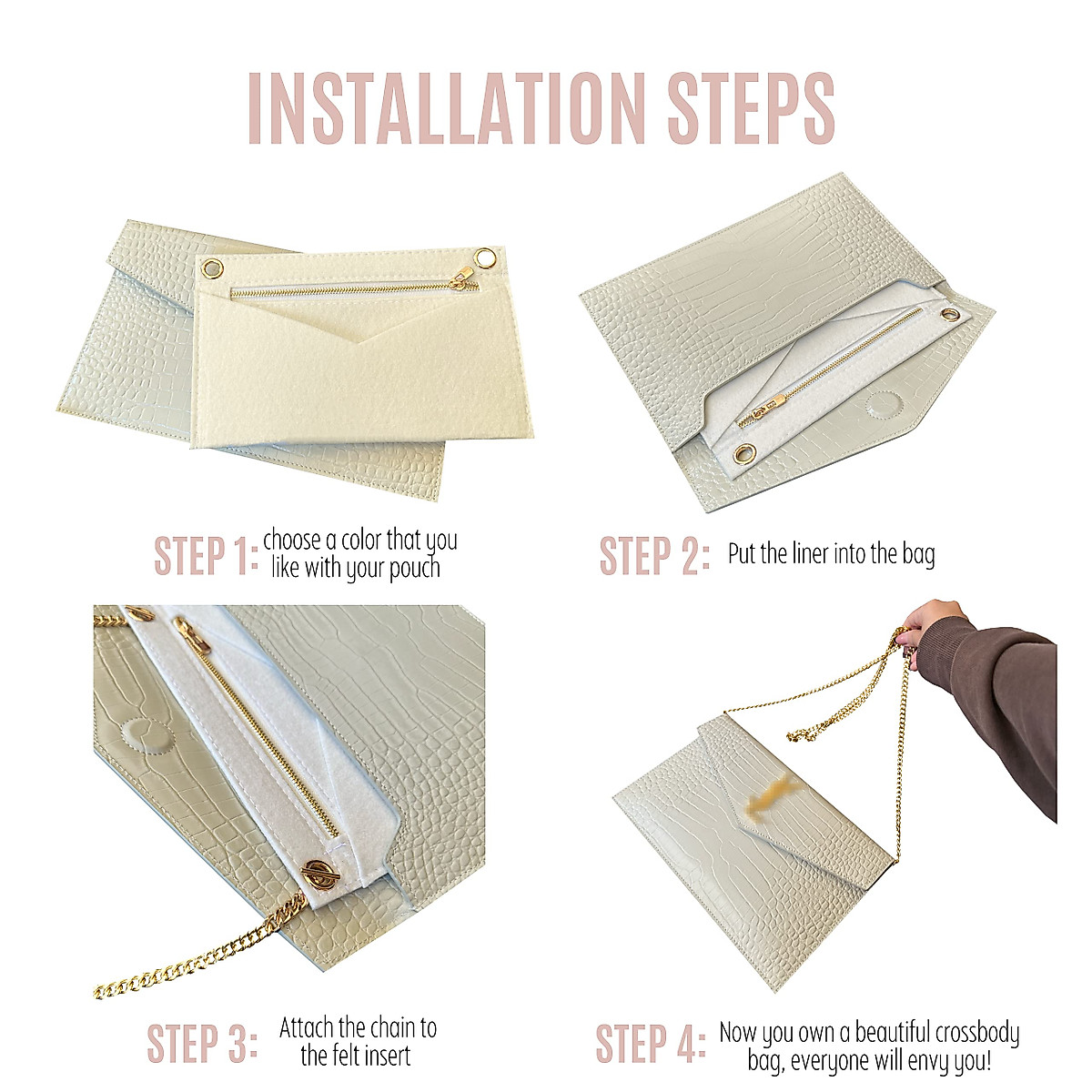 Uptown Clutch Conversion Kit with Gold Chain Wristlet Insert Wallet on Chain WOC Uptown Pouch Insert (Black)