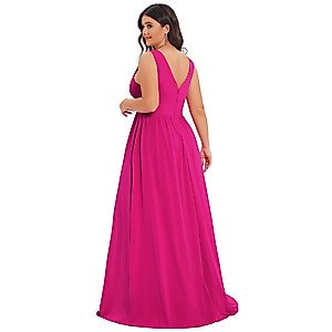 Ever-Pretty Summer Maxi High Slit Pleated Sleeveless Plus Size Formal Dresses for Curvy Women Hot Pink US16