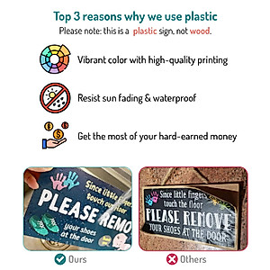 Fun-Plus Please Take Your Shoes Off - Remove Your Shoes Sign - 10″x5″ PVC Plastic Hanging Sign- Since Little Fingers Touch Our Floor