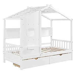 Demofit House Bed with 2 Drawers, Wooden Bed Frame with Storage Shelf and Roof for Bedroom,No Boxspring Required (Twin, White)