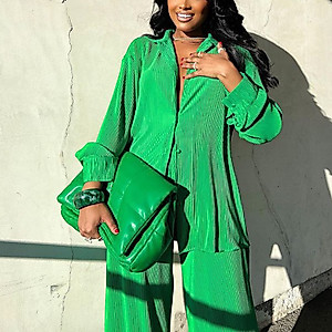 Womens 2 Piece outfits - Long Sleeve +Short Pants Button Blouse Top Wide Leg Loose Streetwear Loungewear