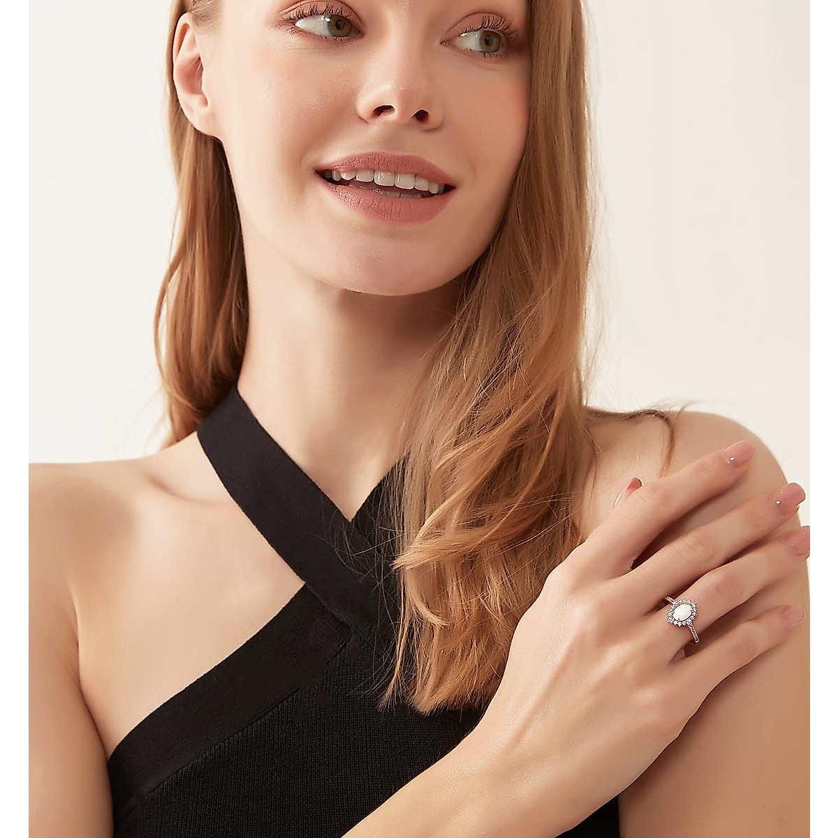 TIGRADE 1.5CT Oval Opal Bridal Ring Sets 3Pcs Rose Gold Stackable Rings Cubic Zirconia Engagement Halo CZ Wedding Band for Women Size 3-12, Size 9